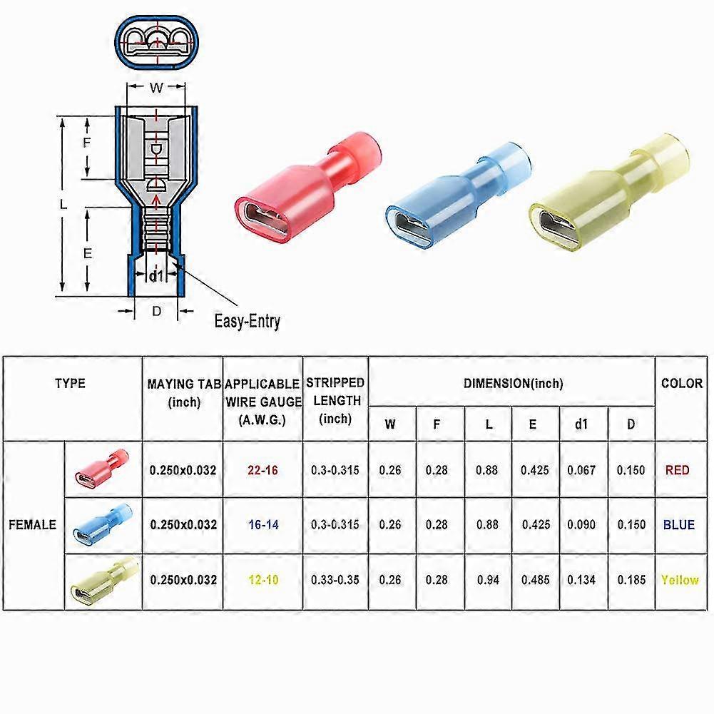 Female Spade Connector 22-16 Gauge 100pcs Nylon Fully Insulated Female ...