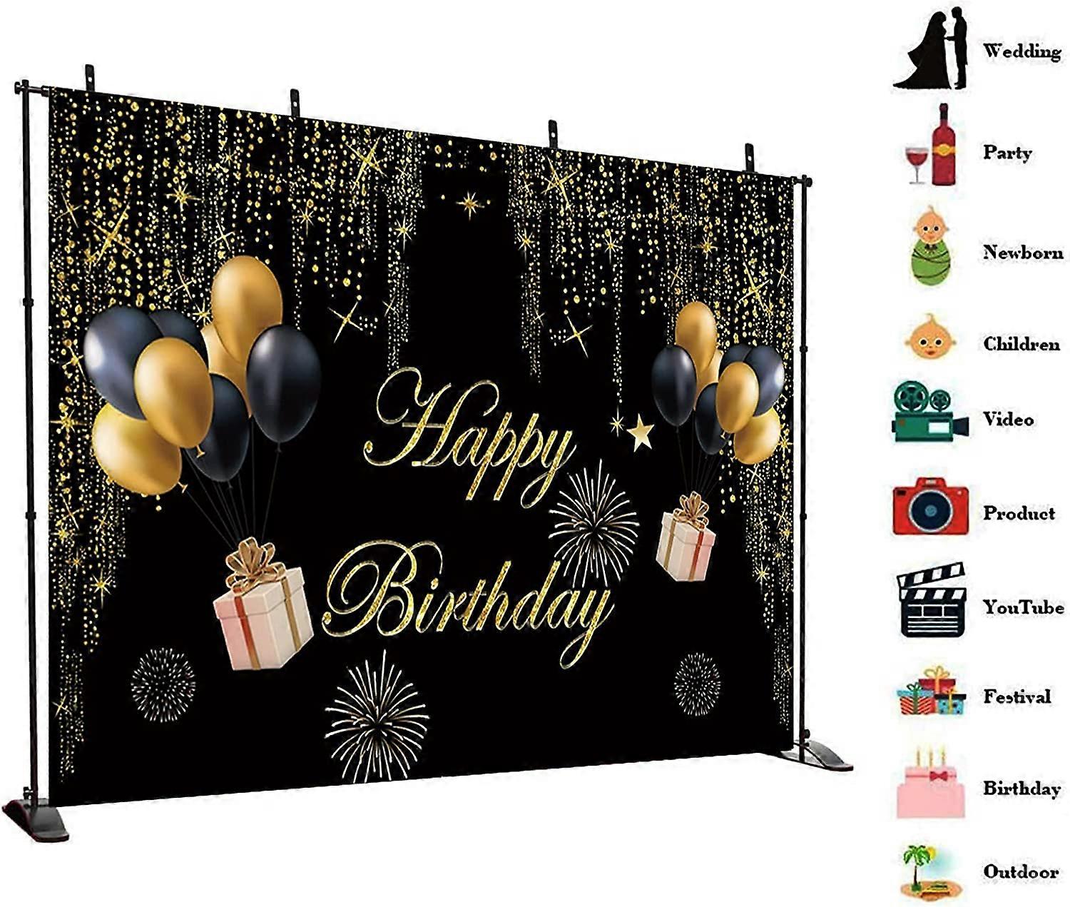 Glitter Gold Happy Birthday Backdrop Black Gold Balloons Birthday ...