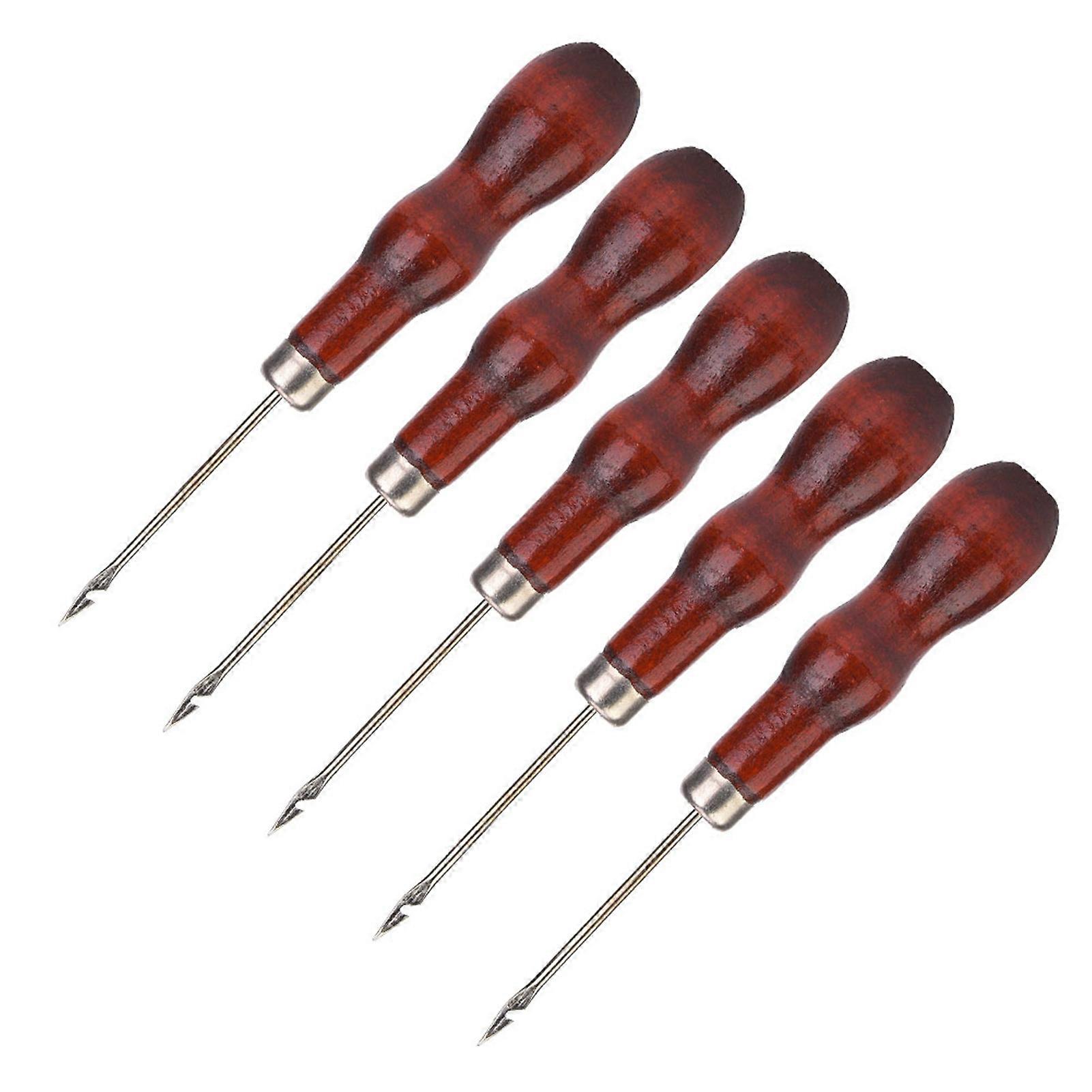 5PCS Wooden Handle Awl Hole Punch Sewing Stitching Awl Tool Shoe Repair ...