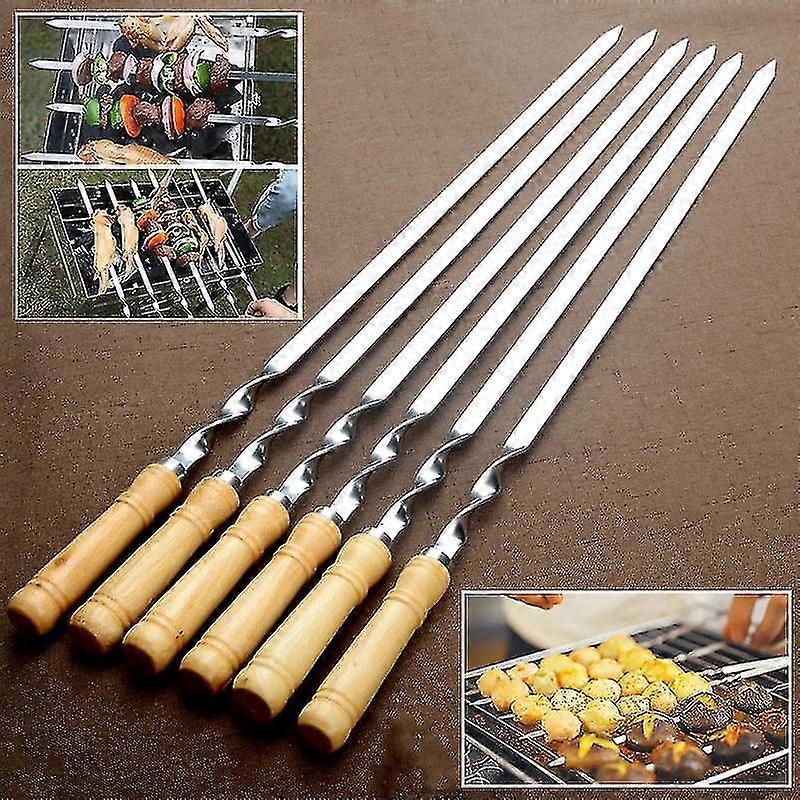 6pcs Stainless Steel Bbq Flat Skewers Outdoors Grill Long Handle ...