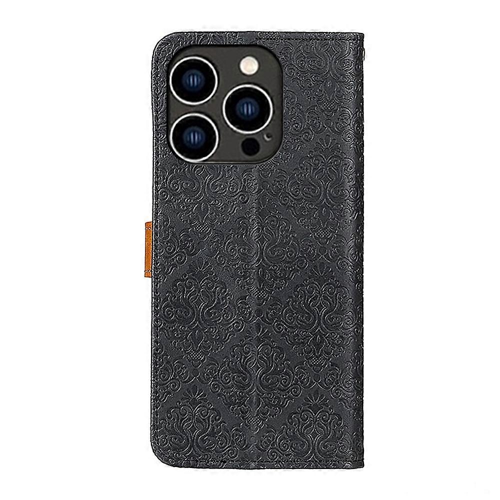 For iPhone 14 Pro European Floral Embossed Copper Buckle Horizontal ...