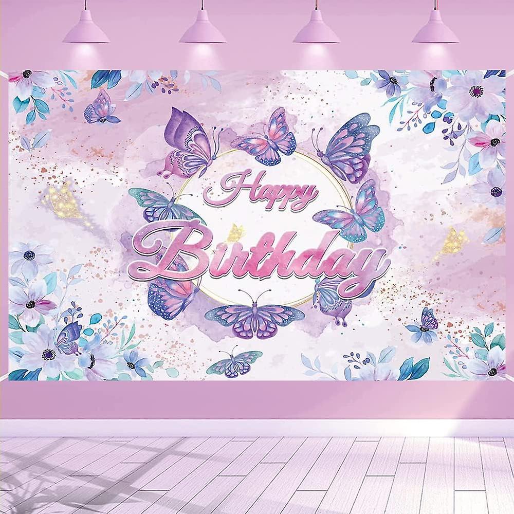 Purple Butterfly Happy Birthday Backdrop Banner Decor Sweet Baby Girls Princess Floral ...
