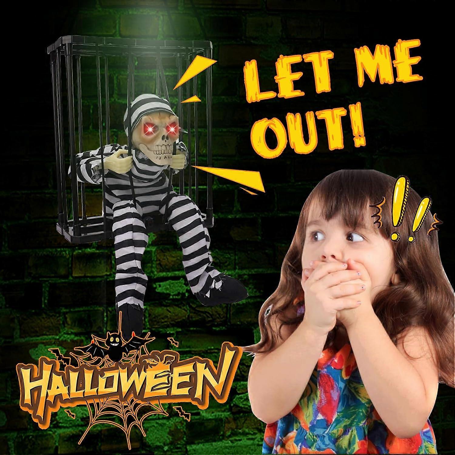 Skeleton Screaming Animated Halloween Decorations, Scary Skull Cage ...