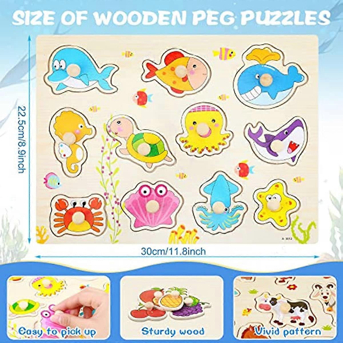 8 Set Wooden Peg Puzzles for Toddlers 2-4 Years Alphabet Number Animal ...
