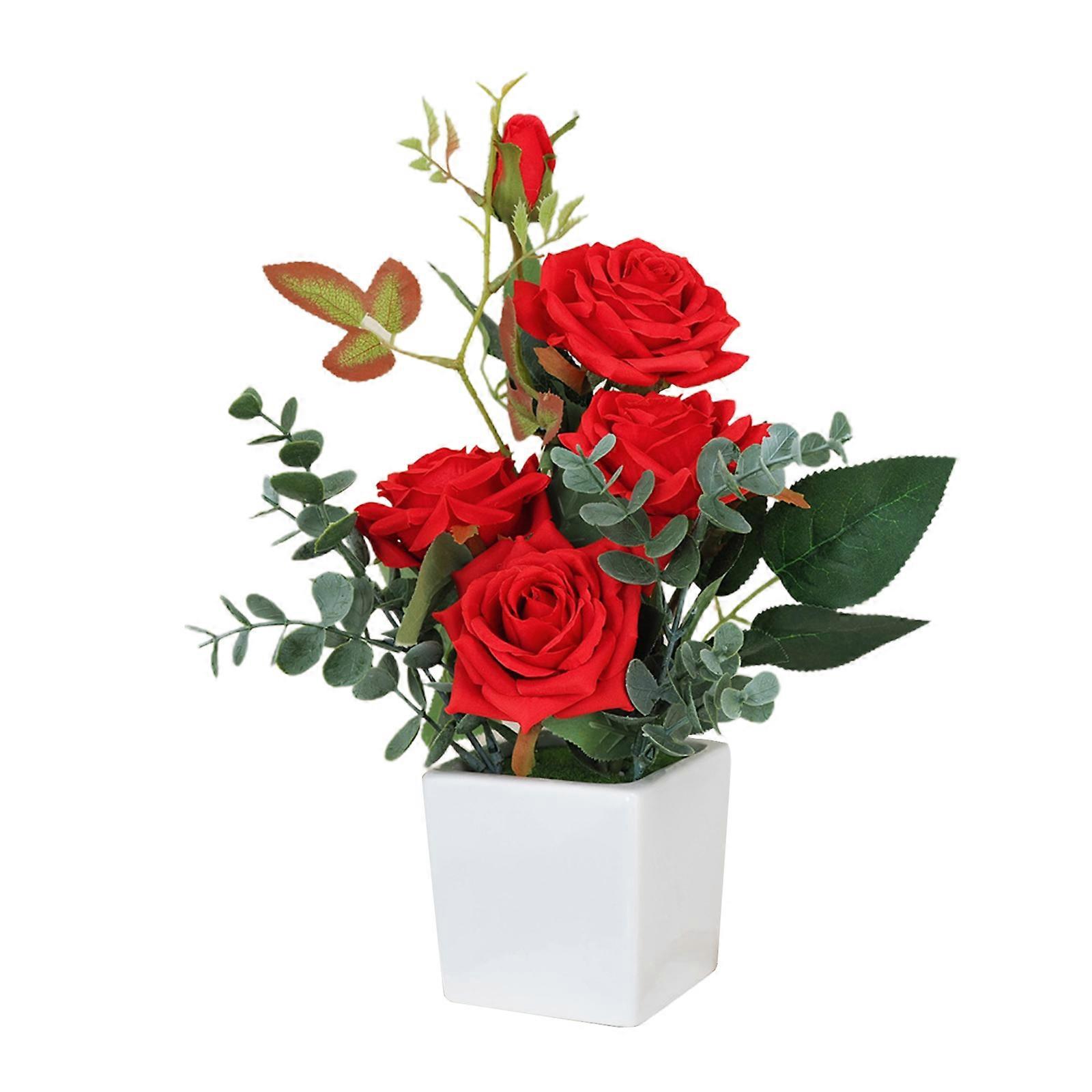 Artificial Rose Bush Tree Potted Plant Red Faux Flowers Home Decor ...