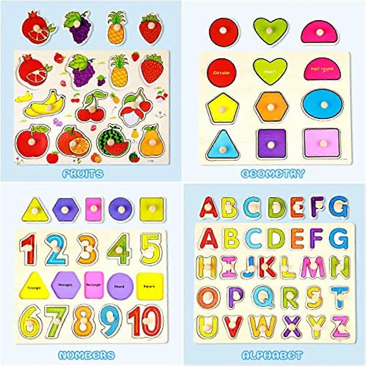 8 Set Wooden Peg Puzzles for Toddlers 2-4 Years Alphabet Number Animal ...