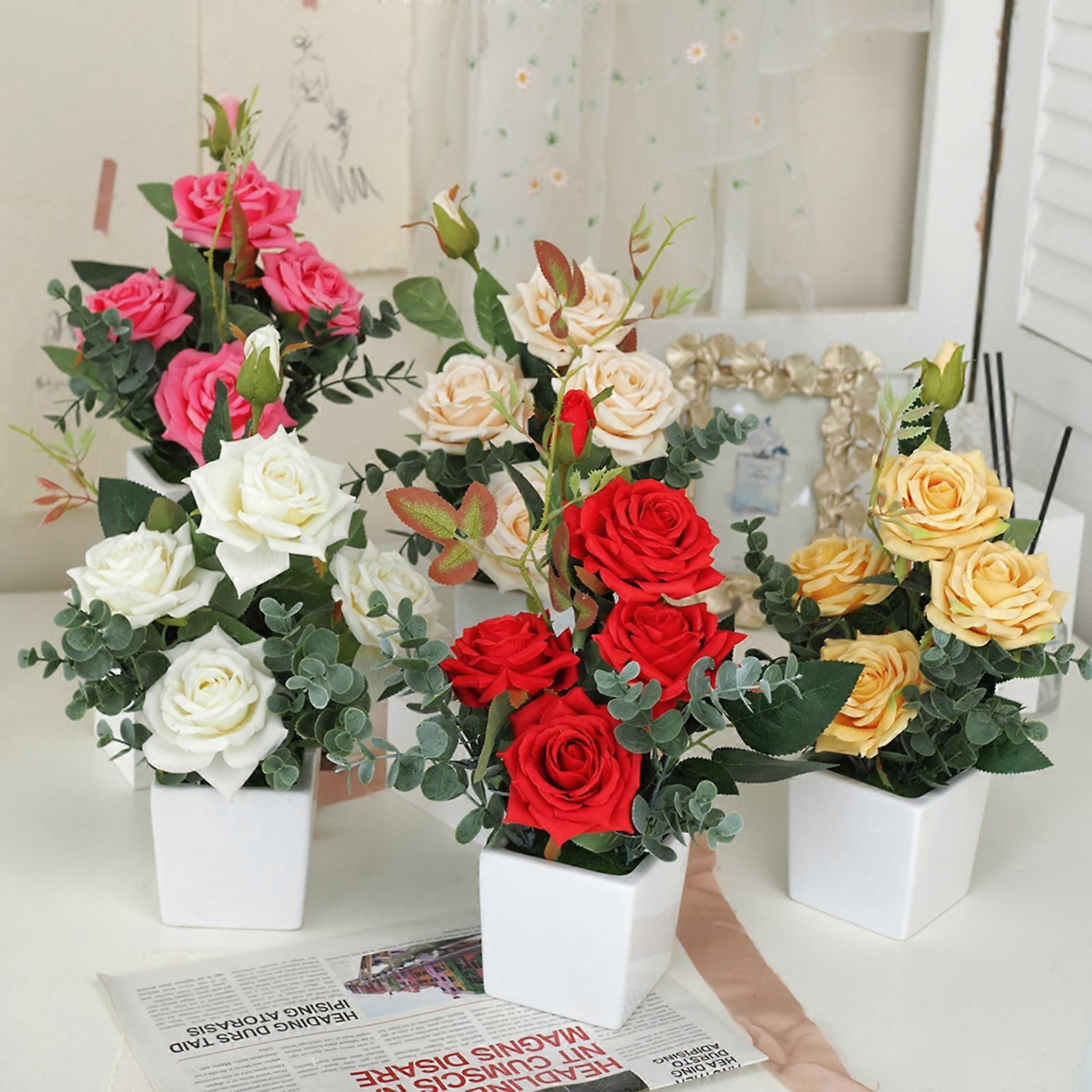 Artificial Rose Bush Tree Potted Plant Red Faux Flowers Home Decor ...