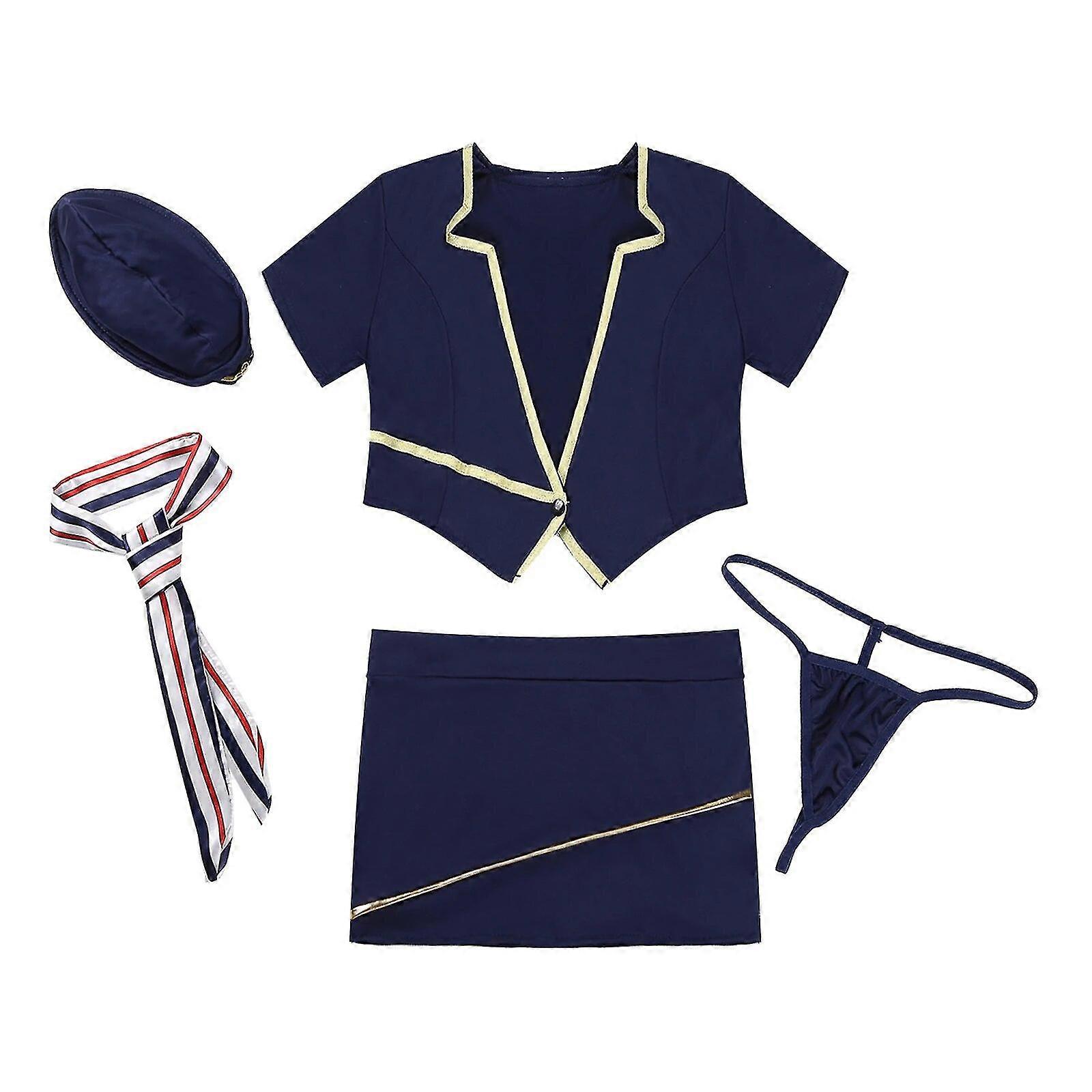 Navy Blue Womens Flight Attendant Stewardess Uniform Cosplay Outfit ...