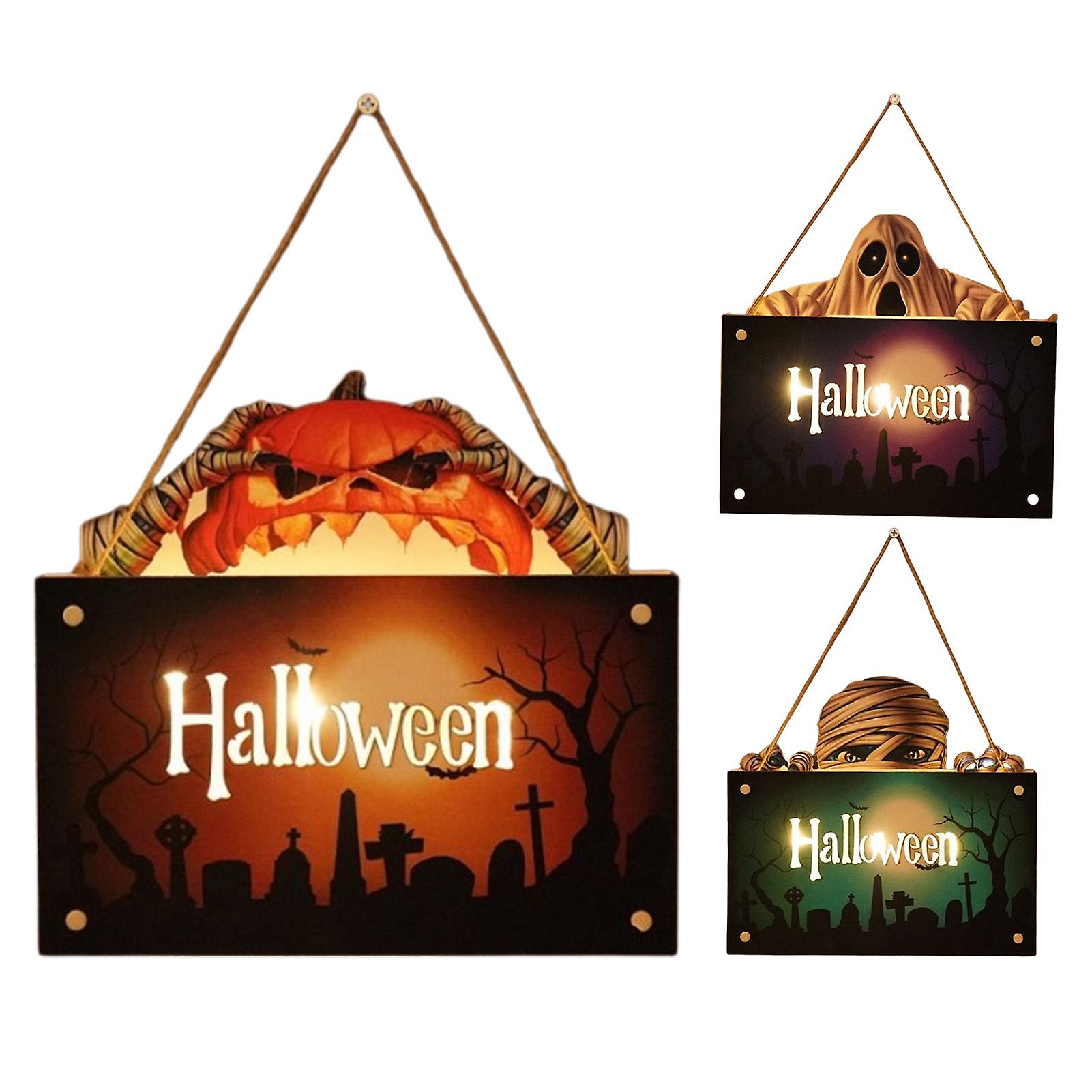 Light Up Door Halloween Sign Wood Block Scary Pumpkin Sign Lighted Wall ...
