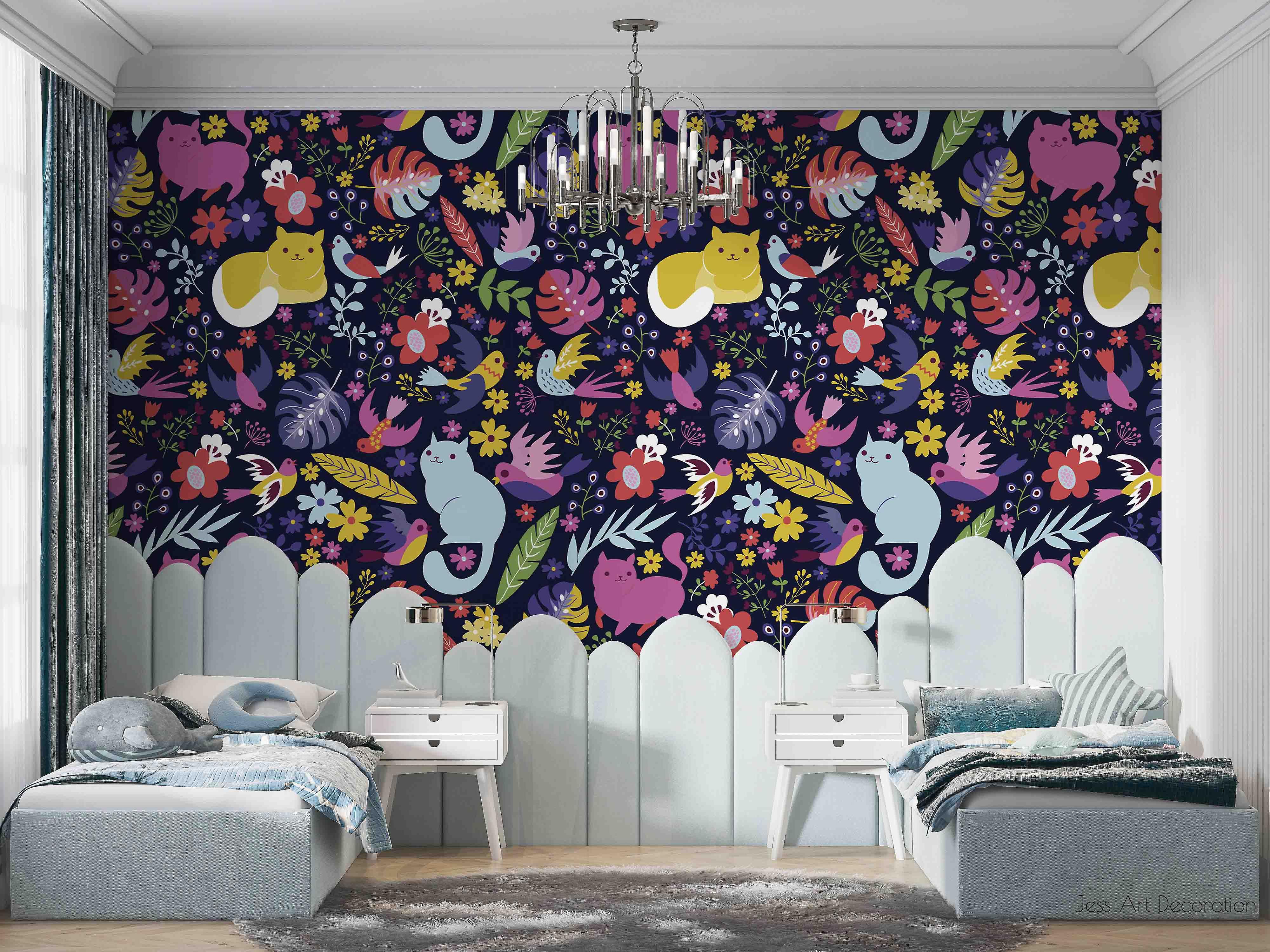 3D tecknad katt lämnar sömlös väggmålning tapet sww 99 | Fruugo SE