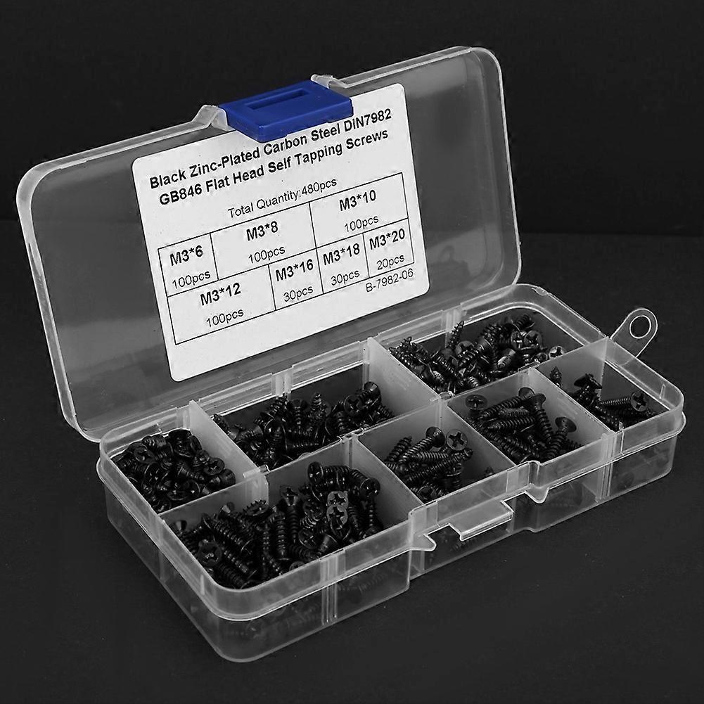 480Pcs Self Tapping Screw M3 Flat Head Cross Carbon Steel Hardware ...