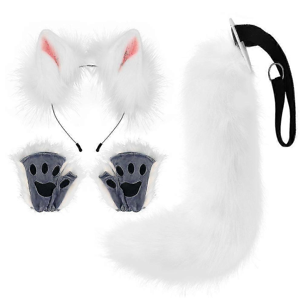 Faux Fur Fox Tail Cat Wolf Cosplay Costume Set Plush Mask Fluffy Paw ...