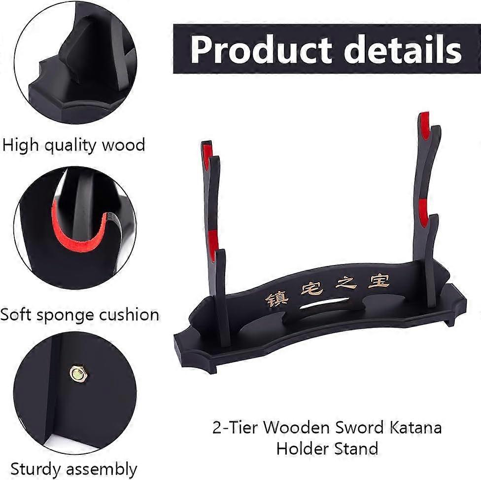 2-Tier Sword Katana Holder with Red Edge Wood Sword Katana Stand Wooden Sword Rack Samurai Sword ...