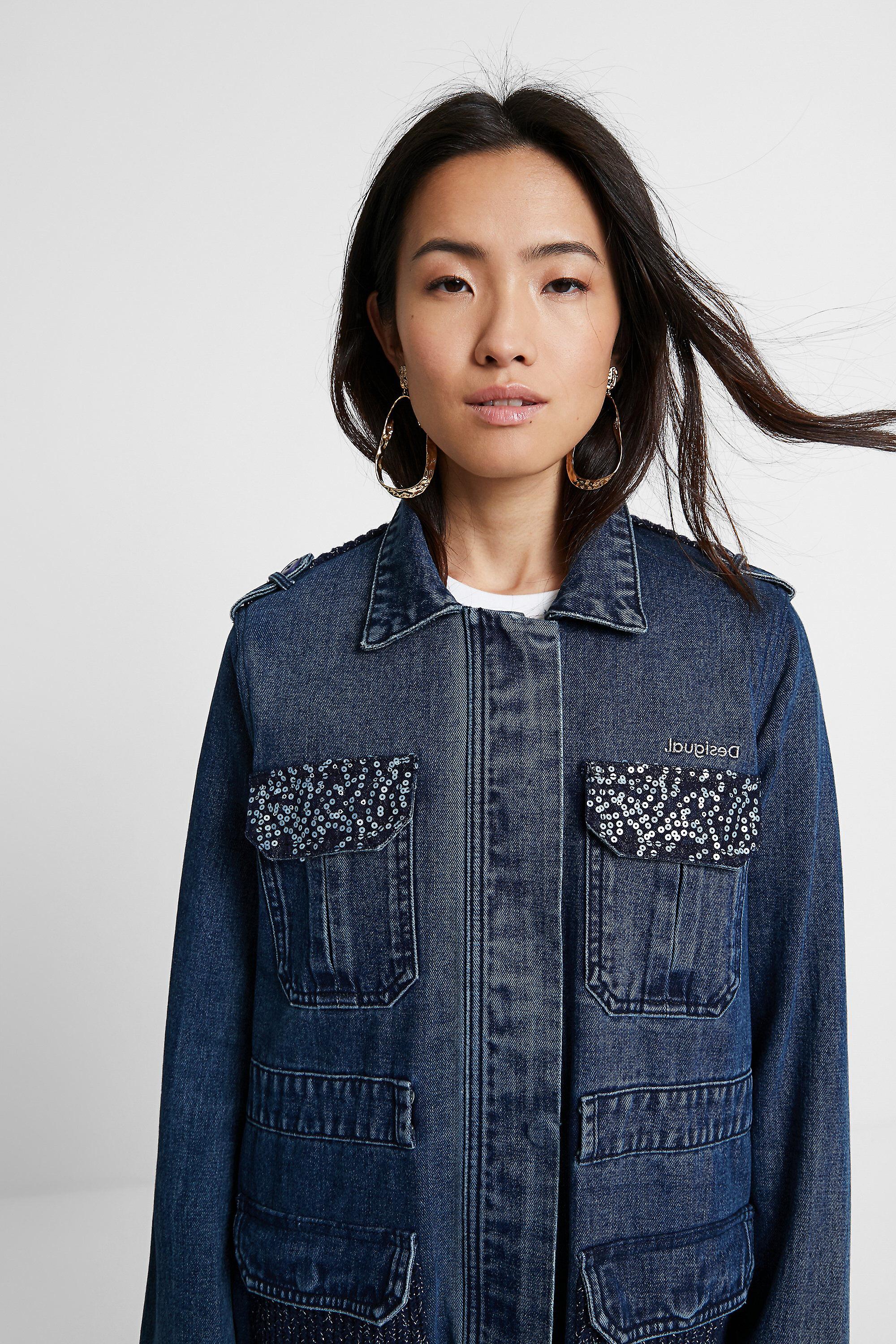 Desigual Mizuki Blue Denim Belted Parka Jacket with Knit Back 20WWED10 ...