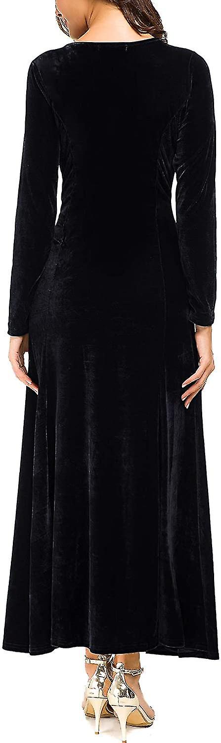 Women's Velvet Dress Elegant, Round Neck Long Sleeve Solid Black Dress ...