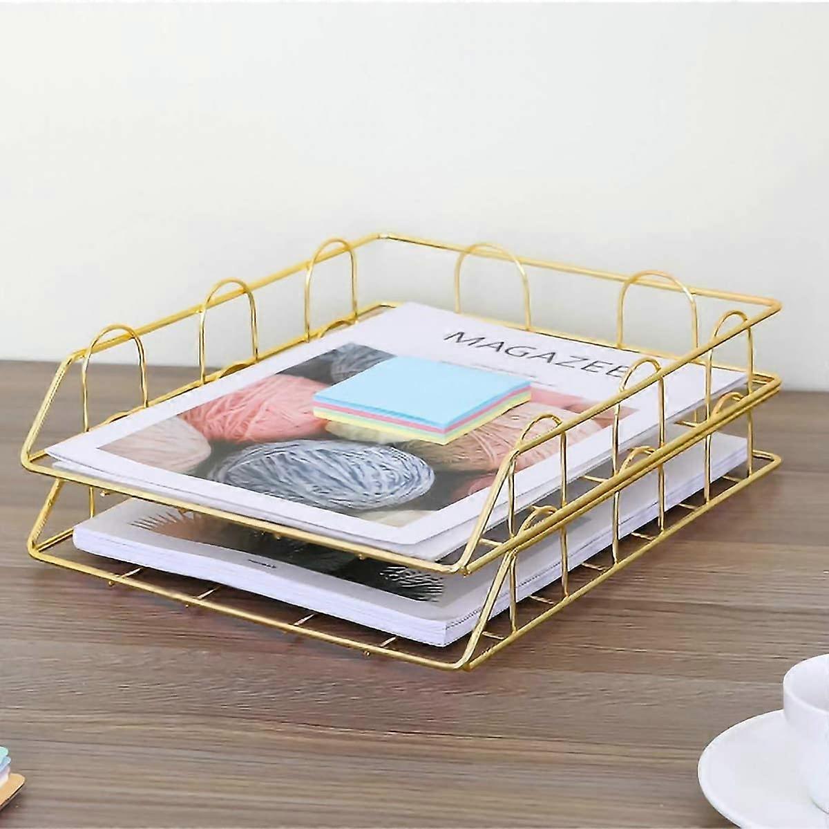 2 x Gold Iron Wire Desk Organiser Letter Tray Tray Paper Tray Letter ...
