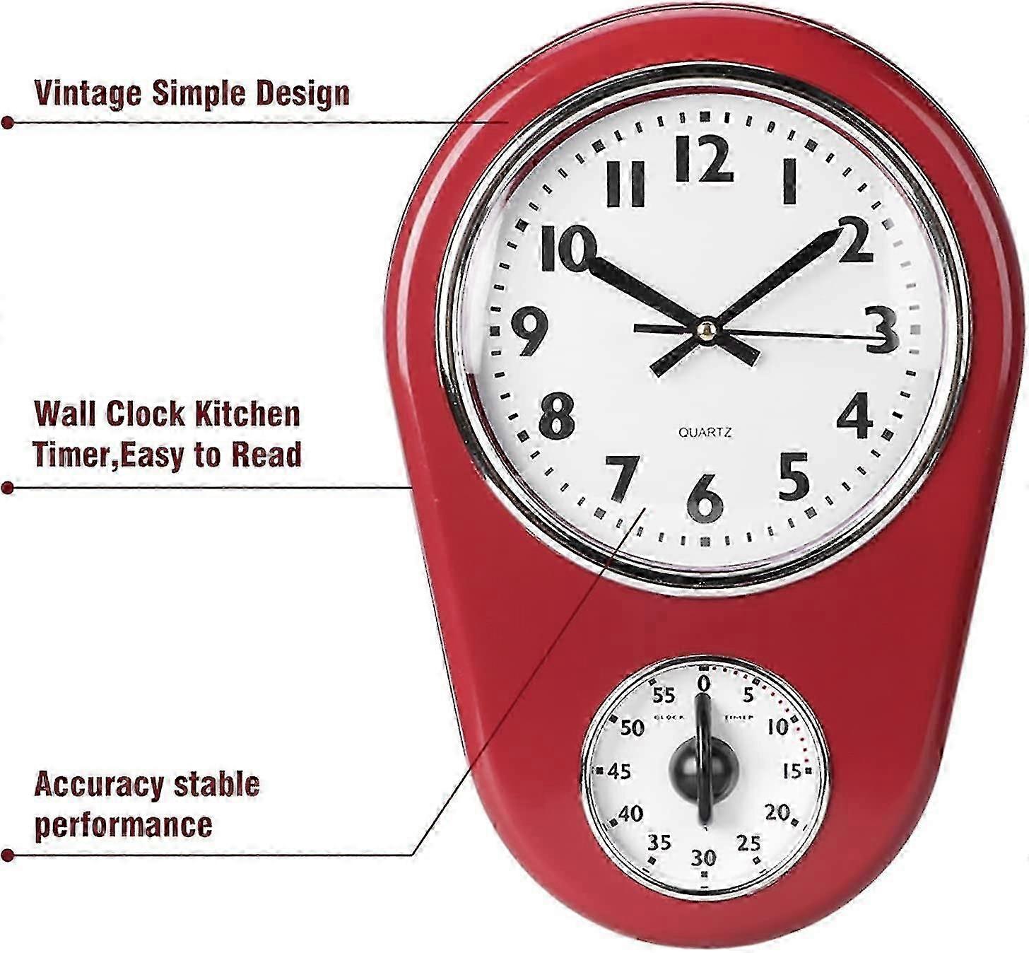 Retro Kitchen Timer Wall Clock, Red Vintage Silent Home Timer | Fruugo UK