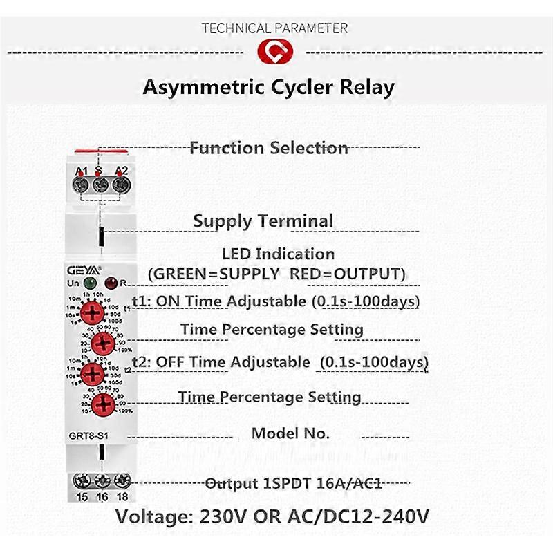 GEYA GRT8-S Asymmetric Cycle Timer Relay SPDT 16A Electronic Repeat Relay, GRT8-S1 ACDC12V-240V ...