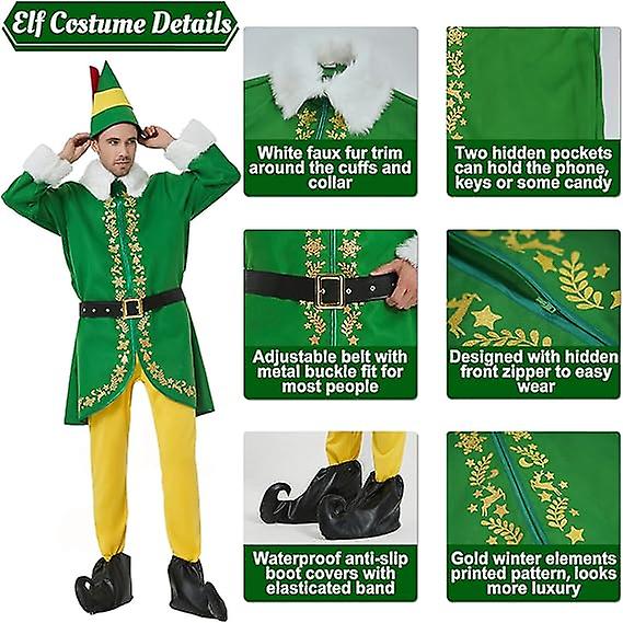 Elf Costume Men Buddy Christmas Outfit Adult Deluxe Suit Santa Couple ...