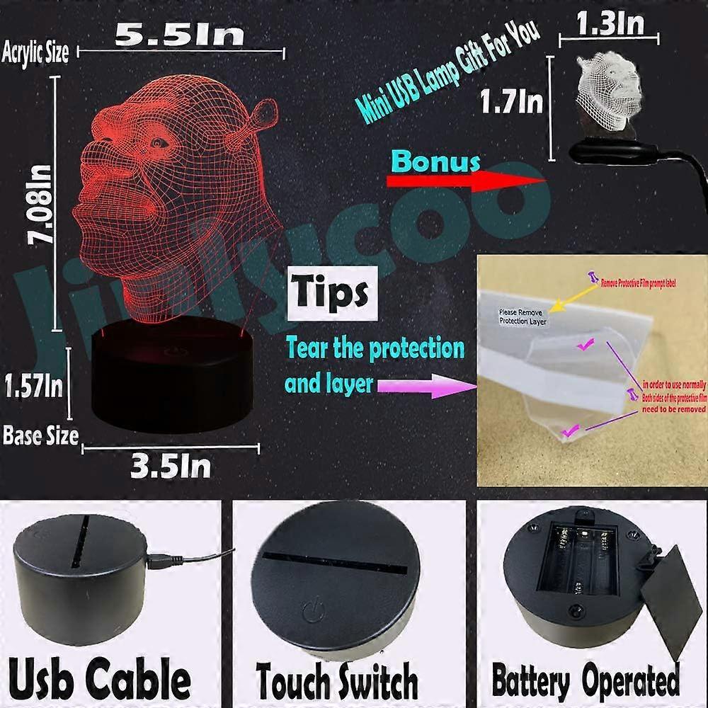 SBSG Shrek 3D LED Visual Night Light Cartoon The Green Monster Movie ...