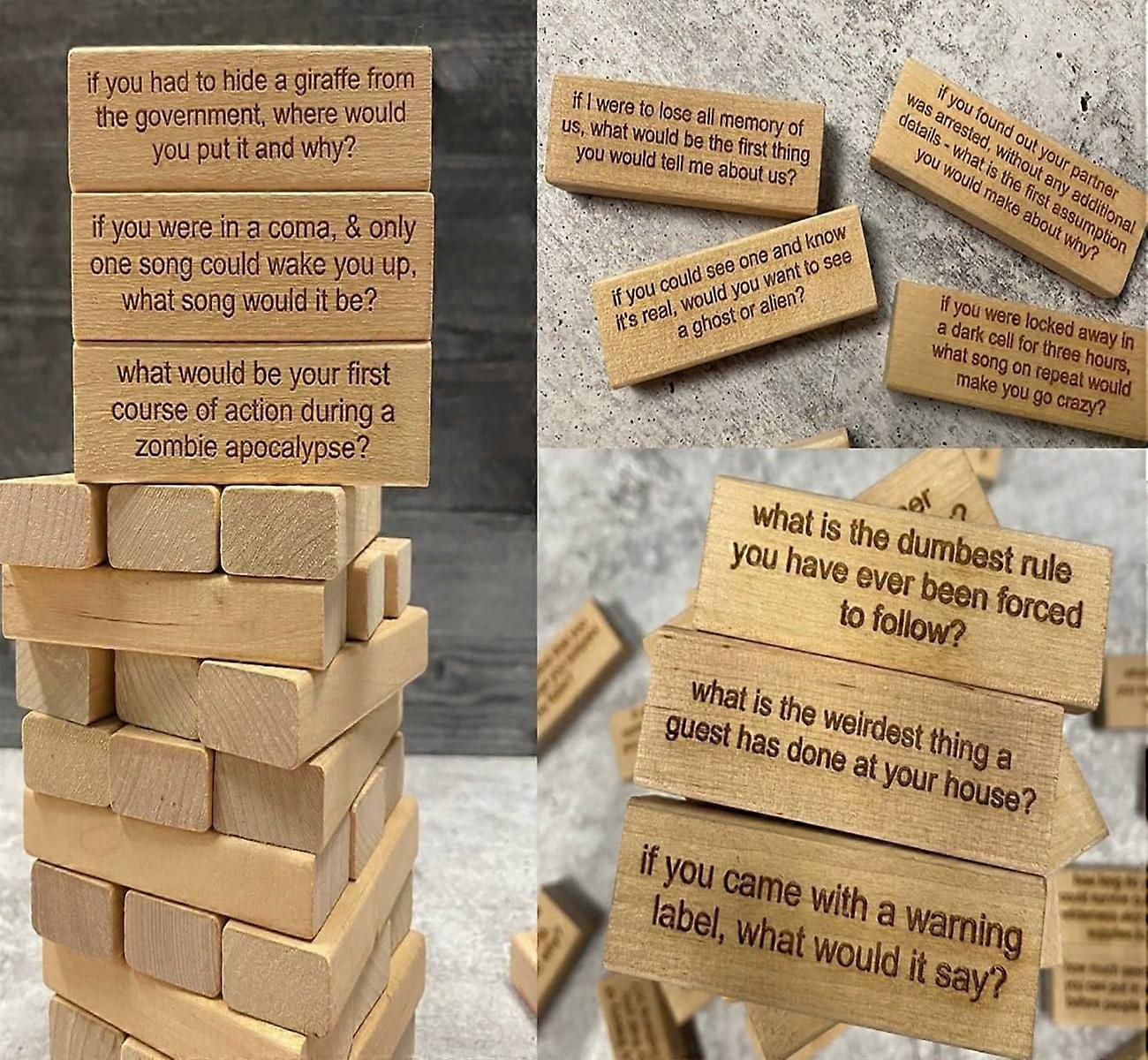 54 Pieces Questions Tumbling Tower Game, Wooden Stacking Tower Games ...