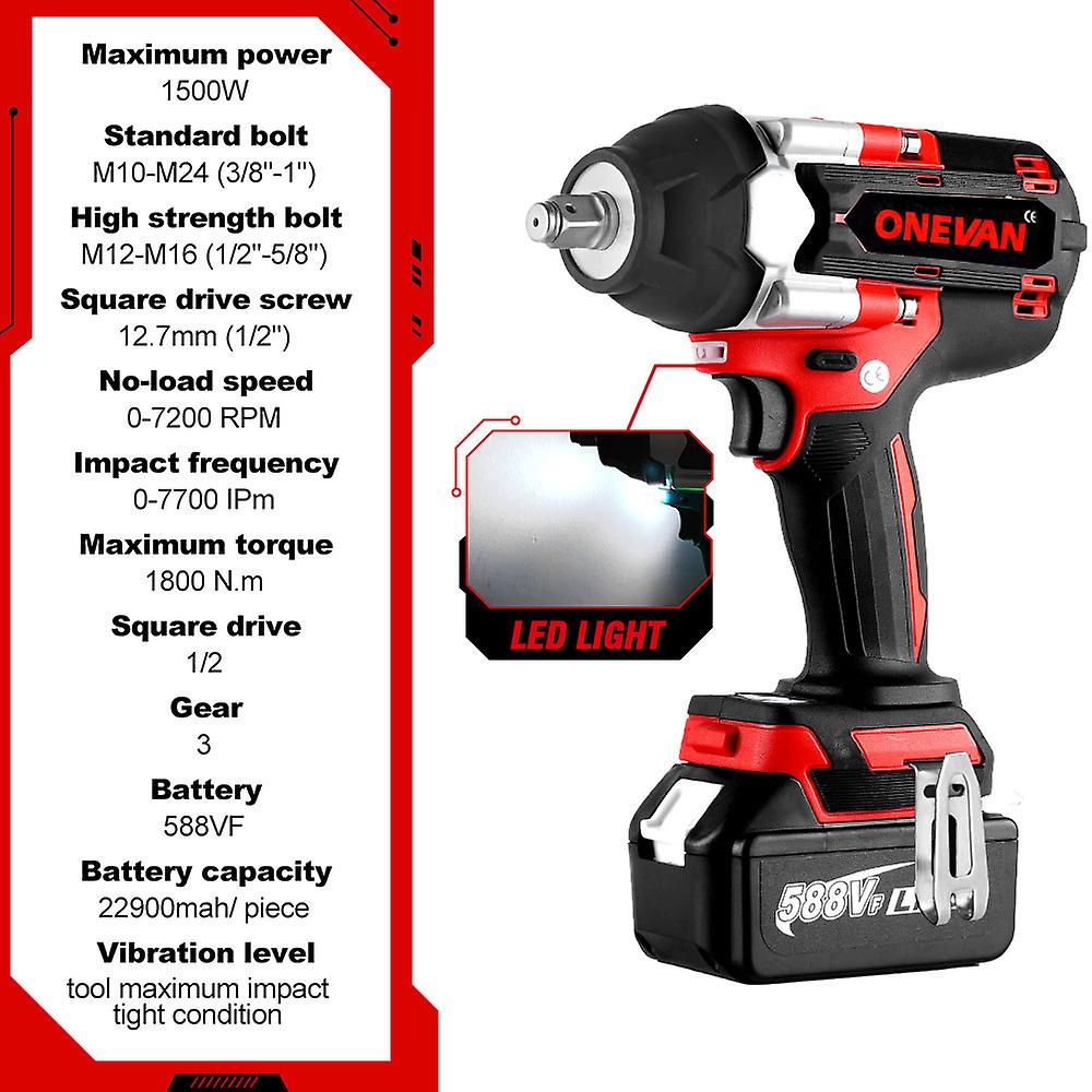 Onevan 1800n.m Brushless Electric Impact Wrench 1/2 Inch Cordless ...