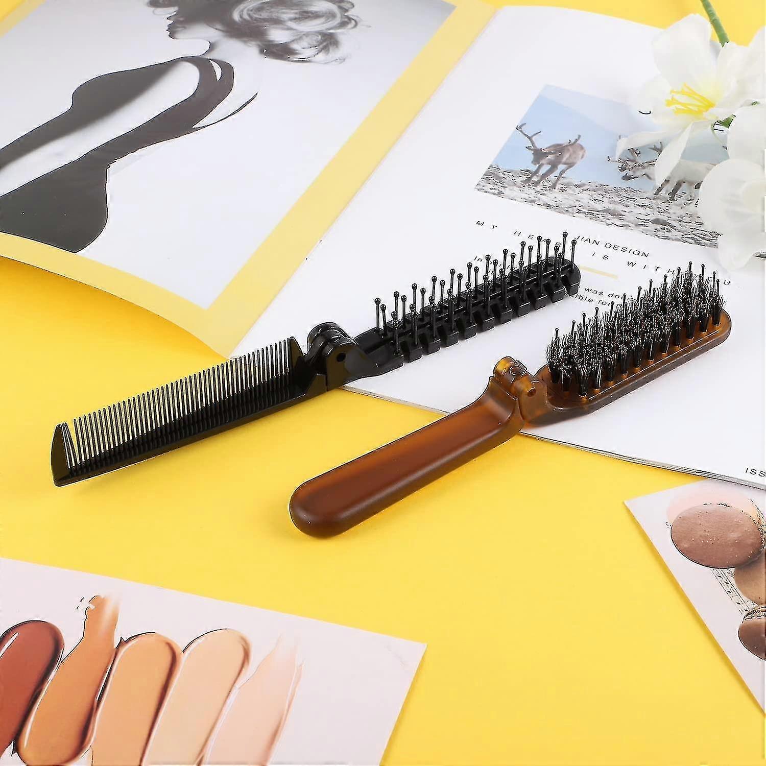 2 Pcs Folding Brush And Comb Set, Boar Bristle Hair Brush And Double ...