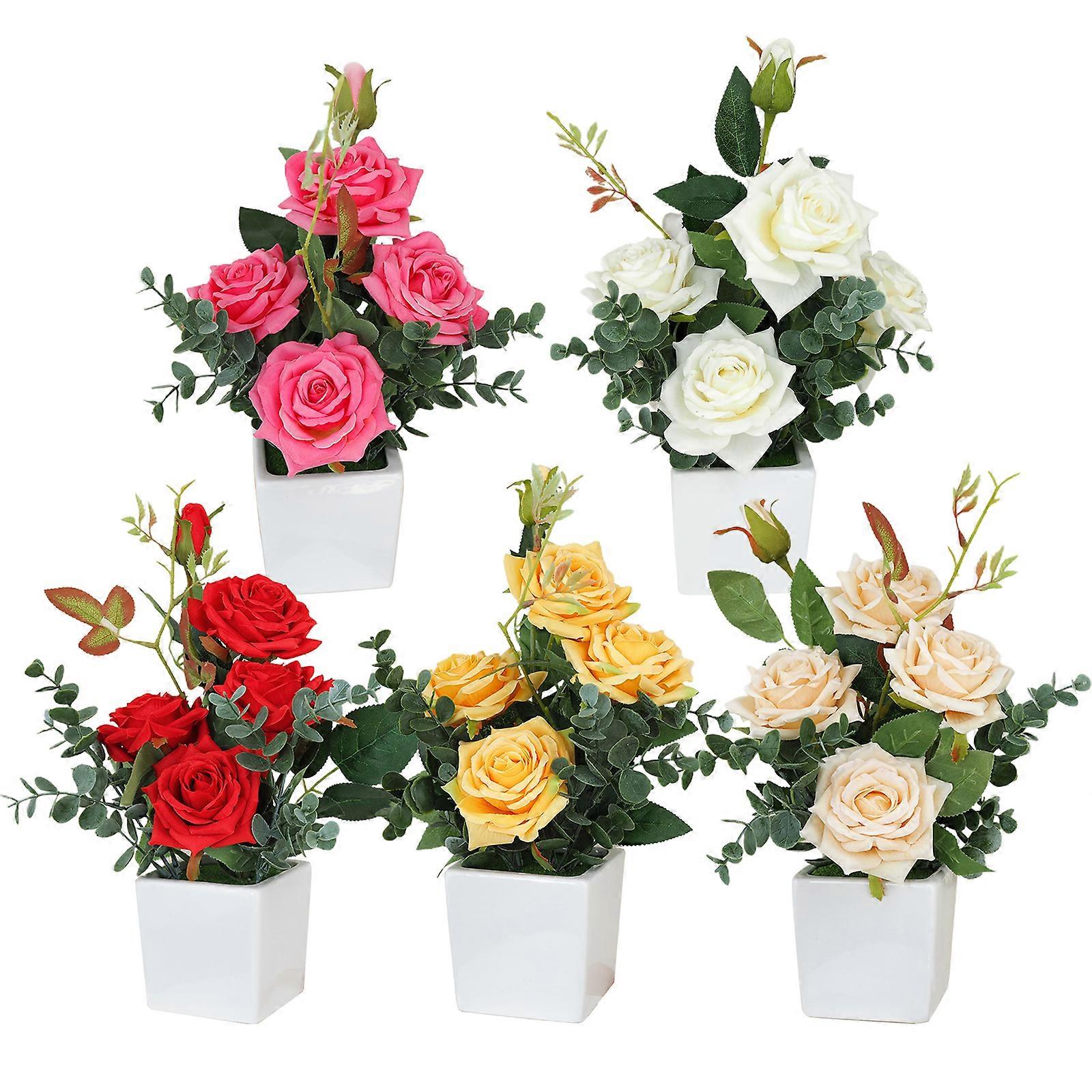 Artificial Rose Bush Tree Potted Plant Red Faux Flowers Home Decor ...