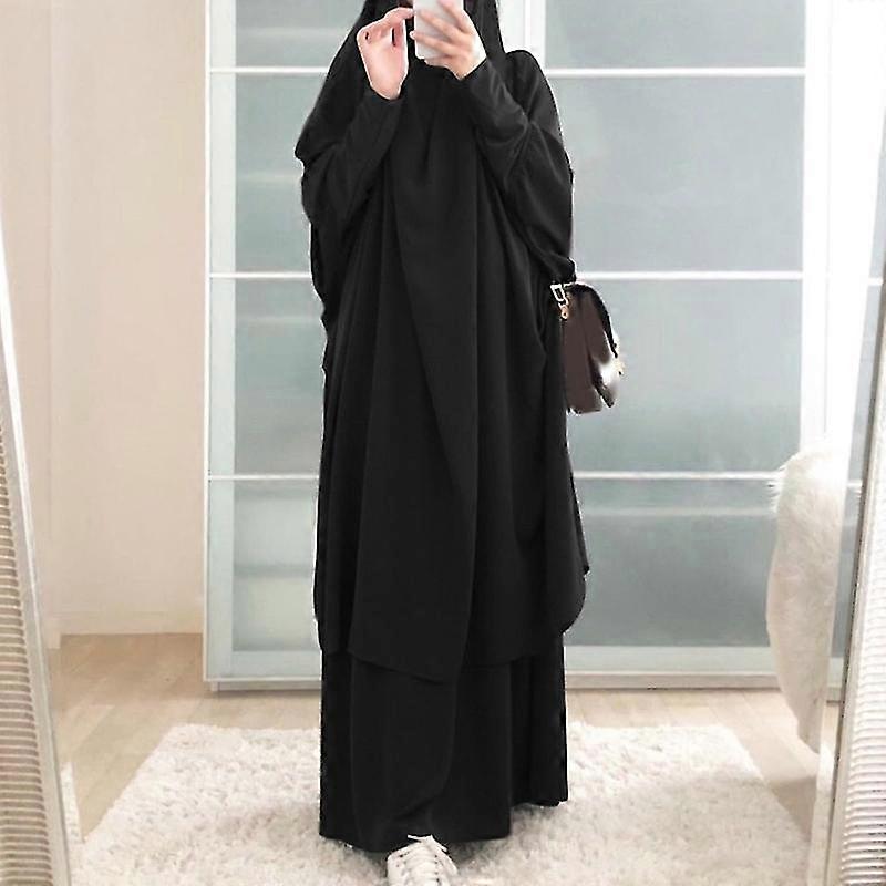 Womens 2 Pieces Muslim Prayer Dress Long Sleeve Hijab Scarf And Skirt Set Islamic Abaya Full ...