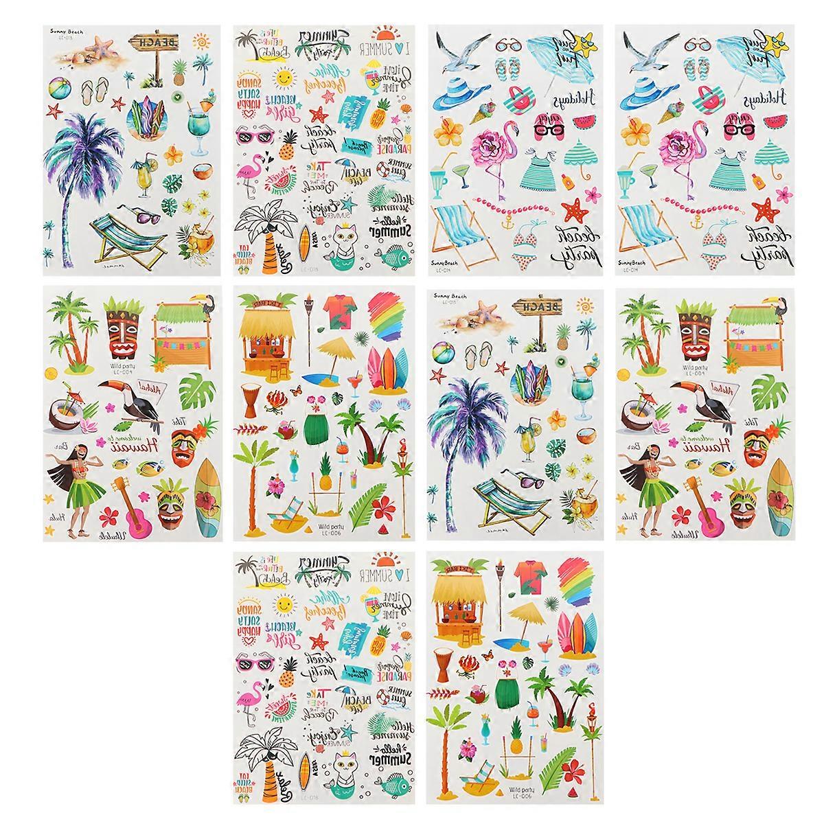 10 Sheets Hawaiian Theme Temporary Tattoos Waterproof Self-adhesive ...