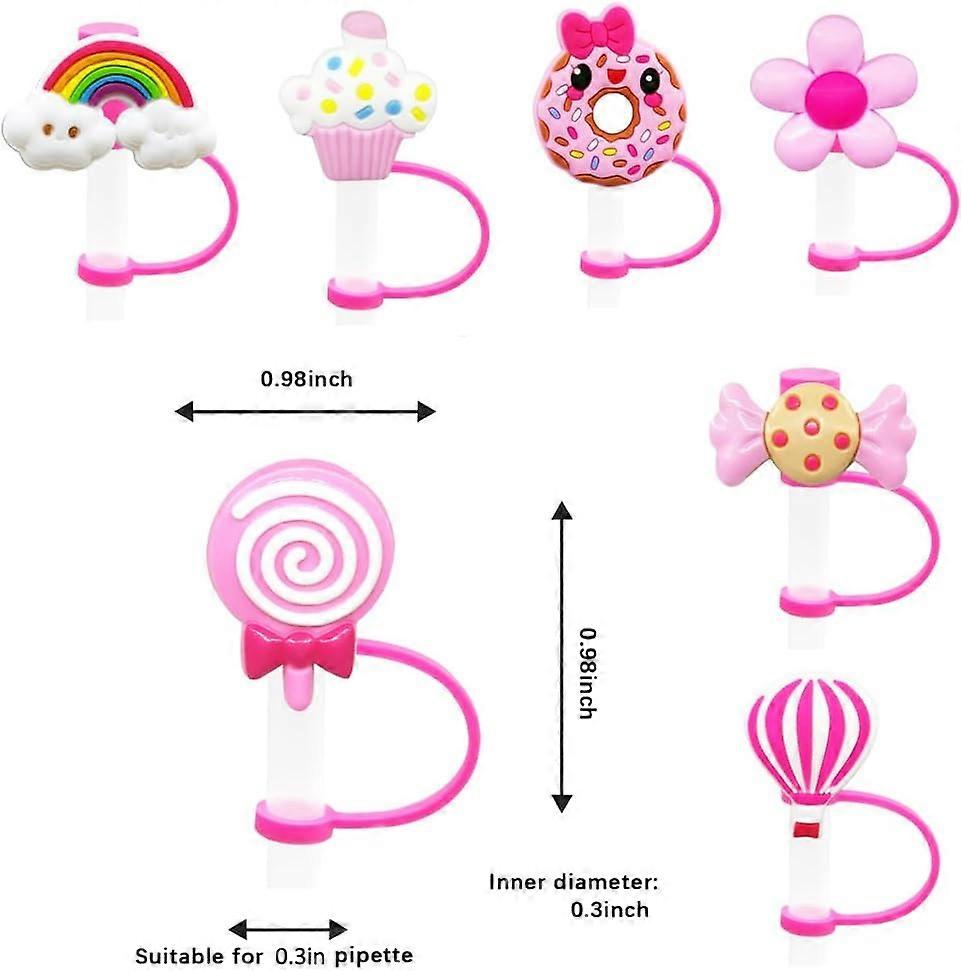 Pink Straw Cover Cap Set of 8, Reusable Silicone Straw Topper ...