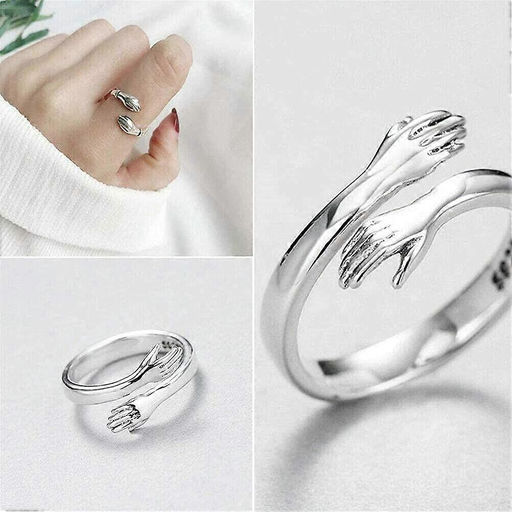 Sterling Silver Hug Ring, Hug Ring, Adjustable Couple Hug Ring, Romantic Love Hugging Hands Open ...