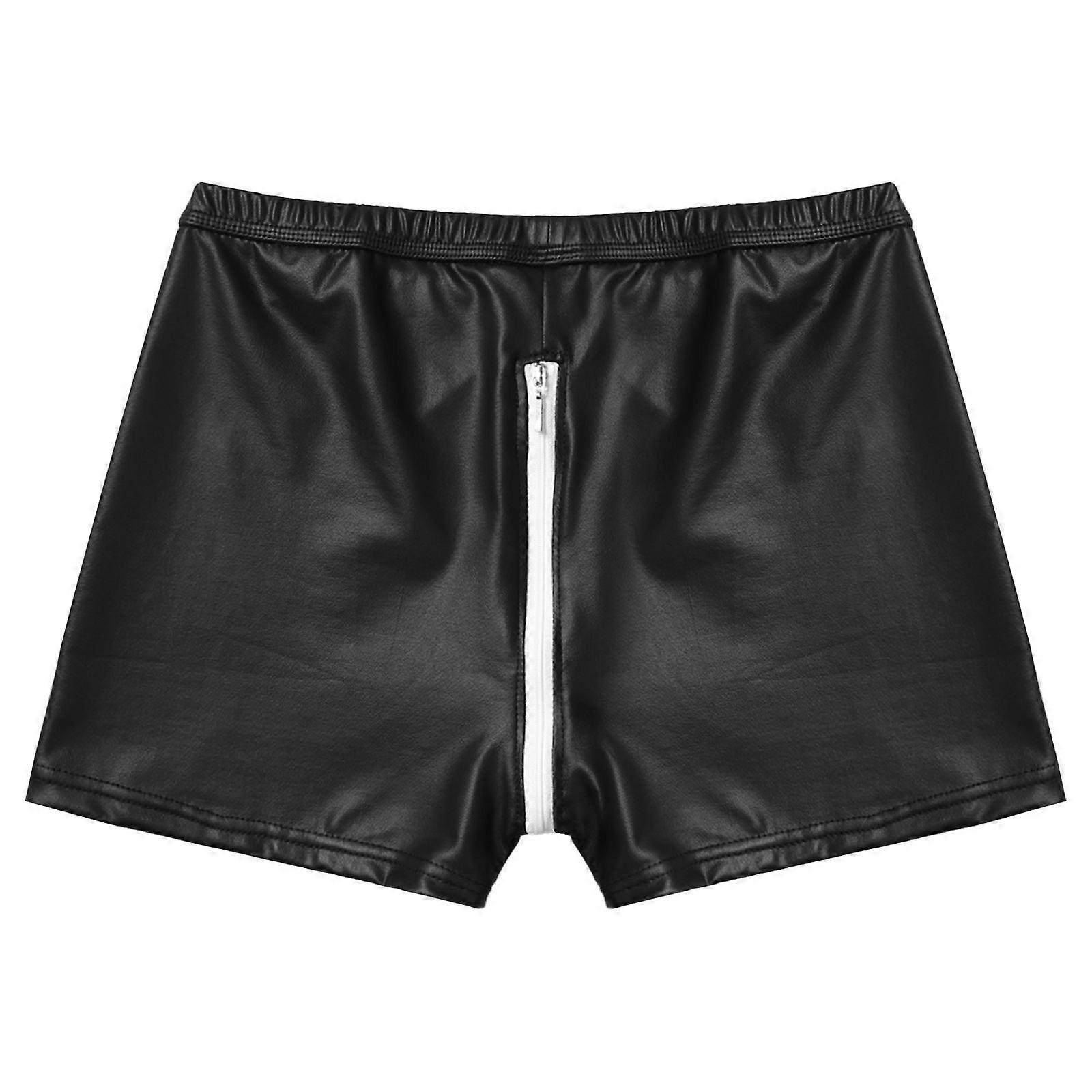 Mens Zipper Crotch Faux Leather Boxers Shorts Low Rise Elastic ...