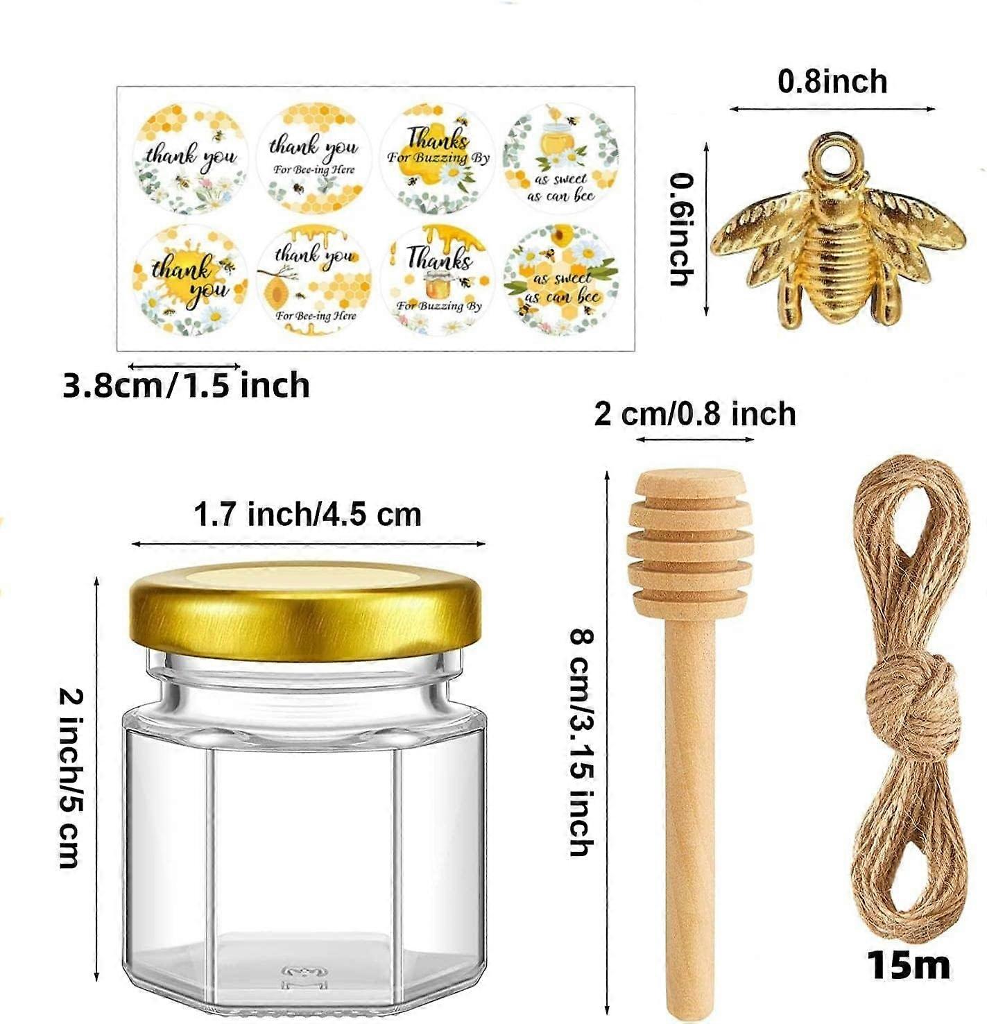 30-Pack Mini Glass Honey Jars, 1.5 oz Hexagon with Wooden Dippers, Gold Lids, Bee Pendants, Jute ...