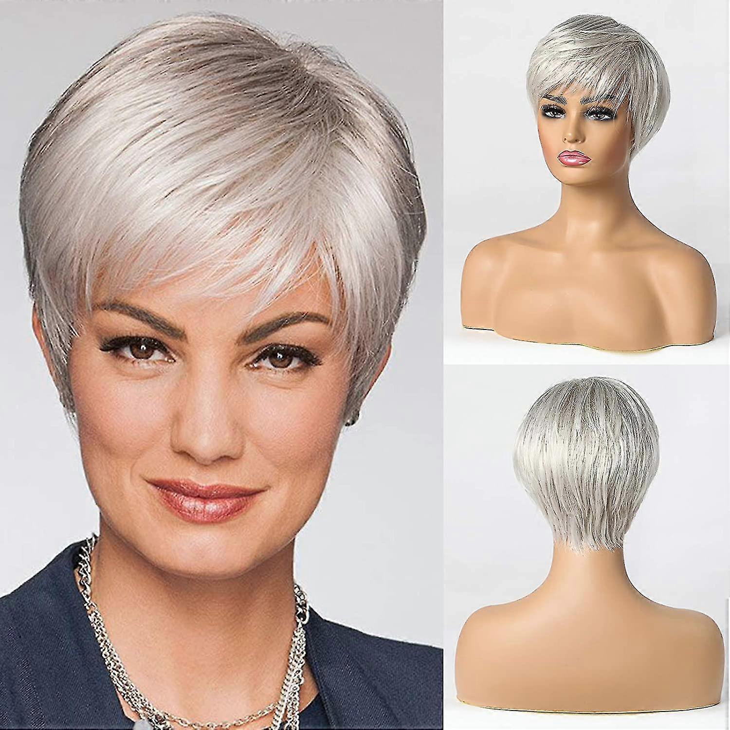 Short Silver Grey Human Hair Blend Wigs For Women,natural Hair Pixie ...