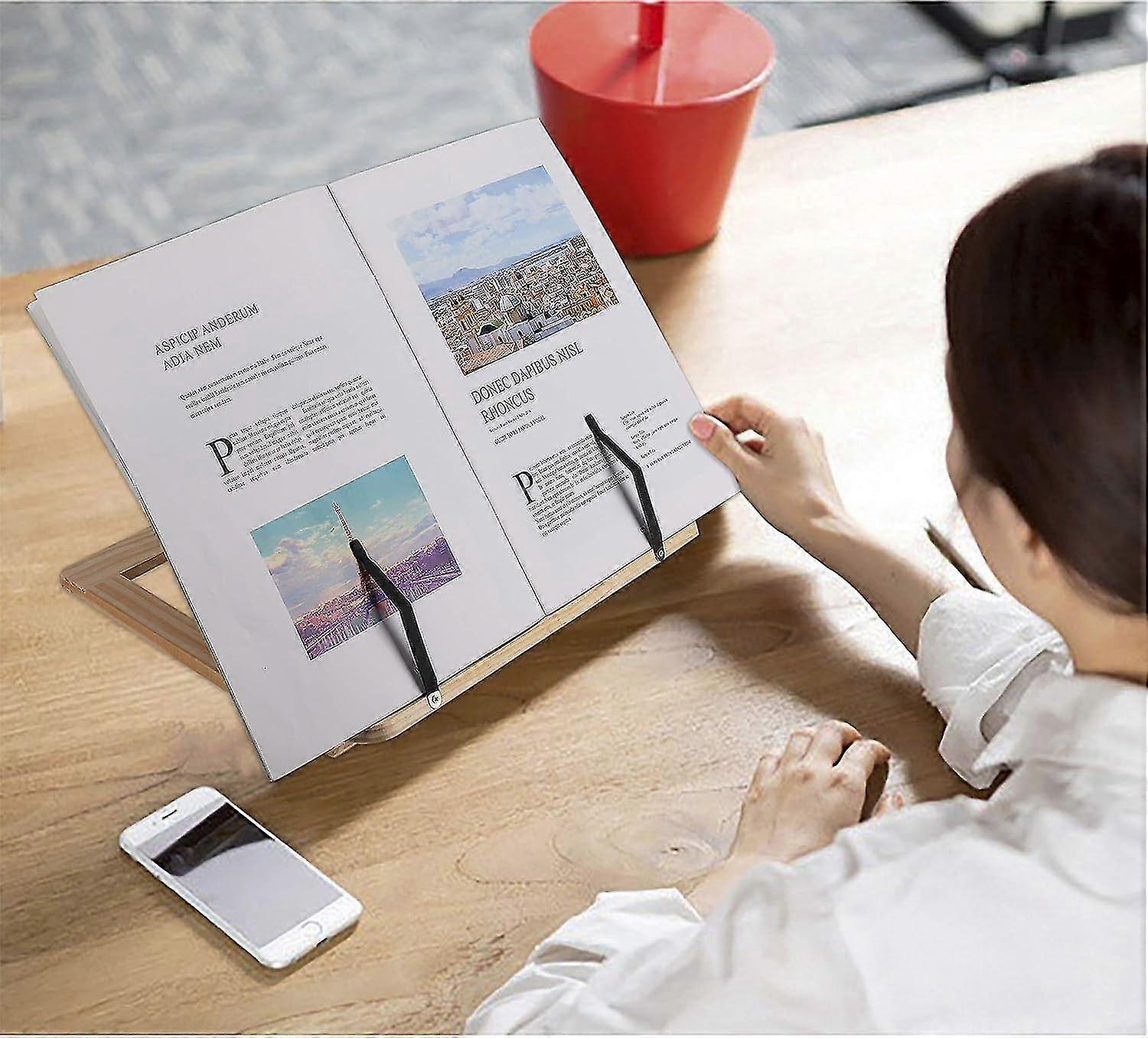 Bookshelf Wooden Cooking Shelf Reading Rack with 2 Metal Page Shelves, Foldable Desktop Laptop ...