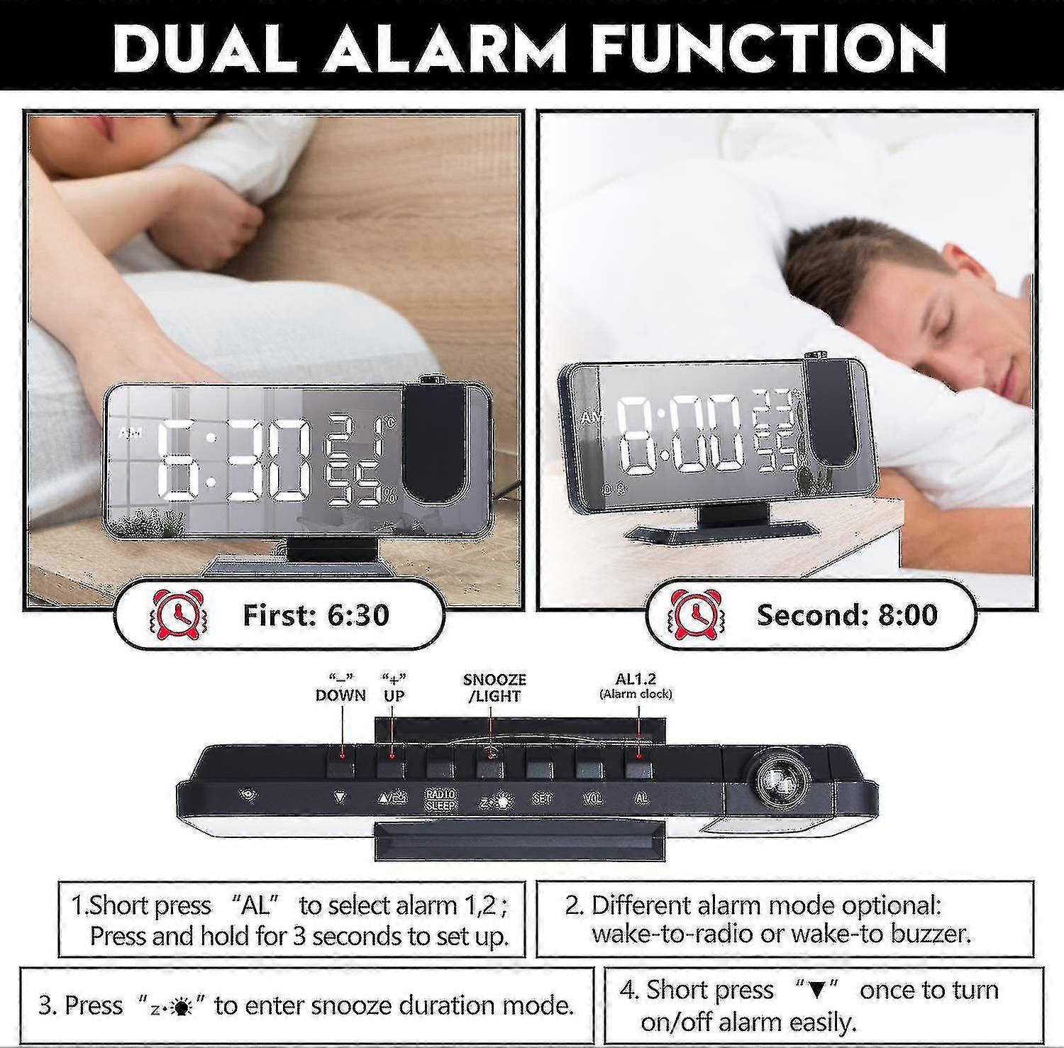 Projection Digital Alarm Clock For Bedrooms, Radio Alarm Clock With ...