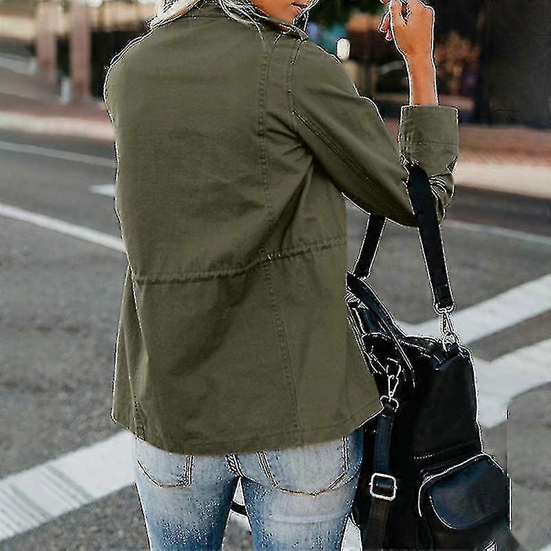 Ladies Snap Buttons Military Jacket Streetwear Fall Coat Long Sleeve ...