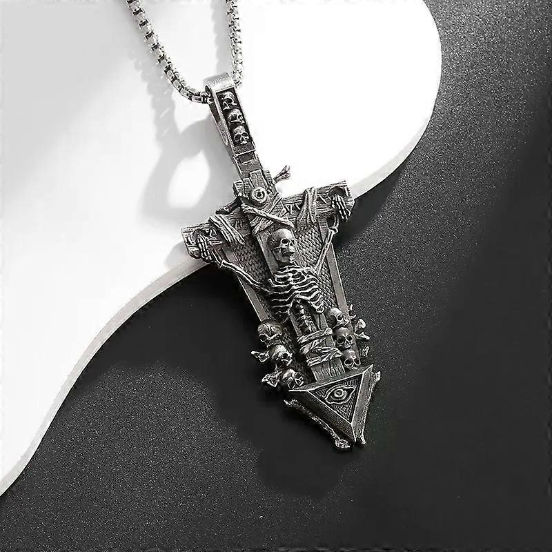 Retro Gothic Skull Cross Triangle Eye Pendant Necklace Men's Punk Rock ...