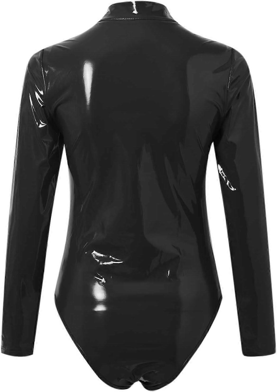 Women's Latex Bodysuit Long Sleeve Wetlook Catsuit Shiny Tight Black M ...