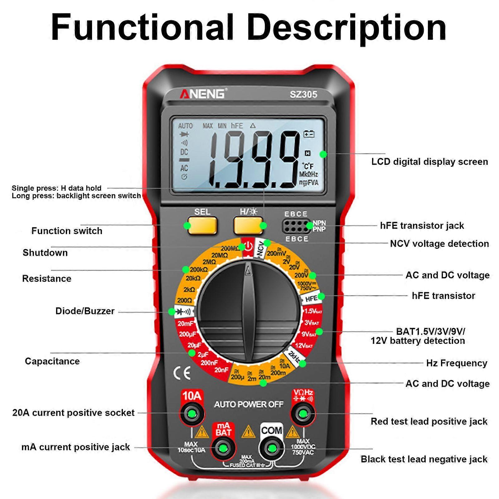 SZ304 Multifunction 1999 Counts Digital Multimeter True RMS Handheld ...