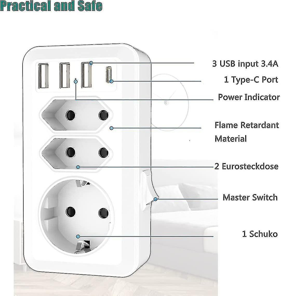 Usb Socket, 7-in-1 Multiple Socket With 3 Usb And 1 Type-c Port, 3-way ...