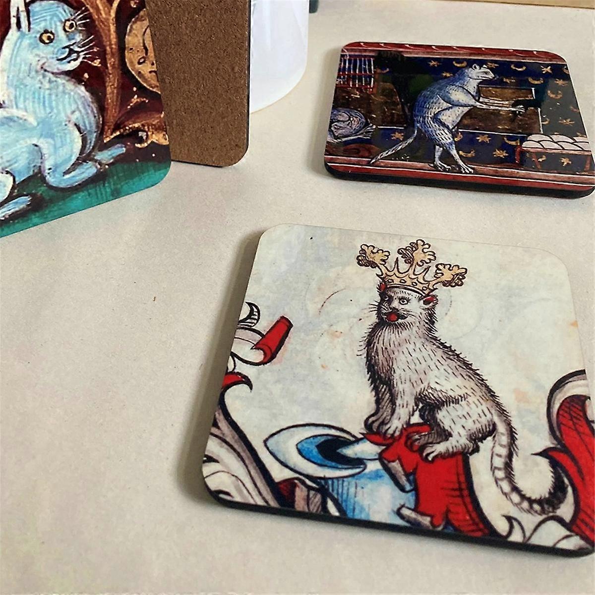 Medieval Cat Coasters for Drink Set Cat Pattern Round Coasters ...