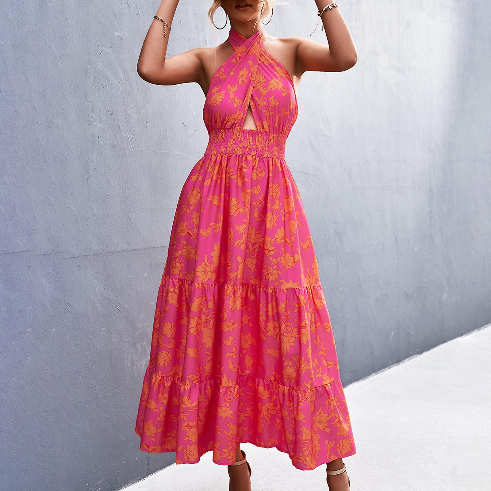 Women Dress Backless Crossover Halter Neck Sleeveless Maxi Dress For ...