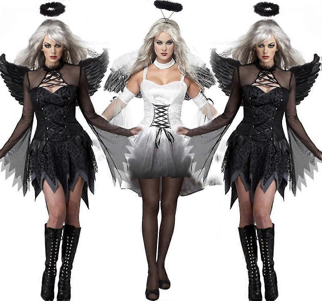 White Black Fallen Angel With Halo And Wings Sets Fantasy Cosplay For ...