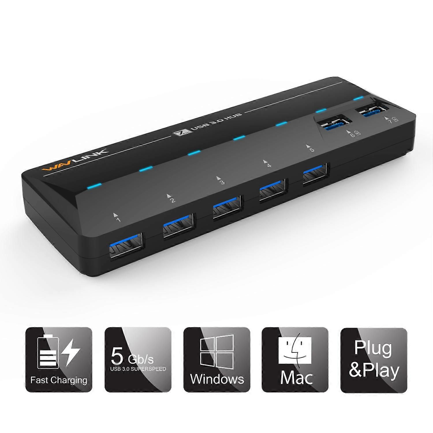 WAVLINK WL-UH3073D SuperSpeed USB3.0 Hub Adapter 7-Port Docking Station with Individual Power ...