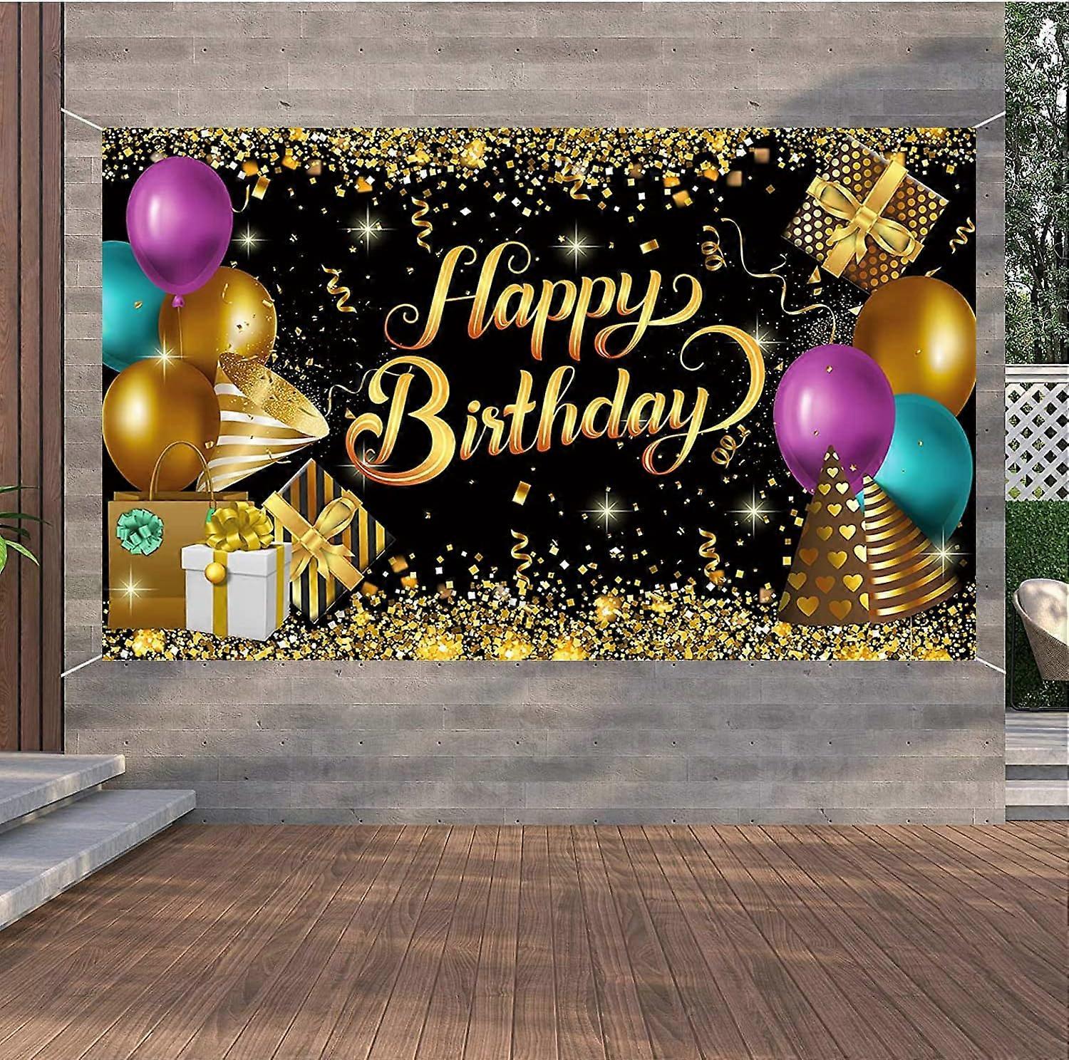 Black and Gold Birthday Backdrop Decorations Glitter Balloon Happy ...
