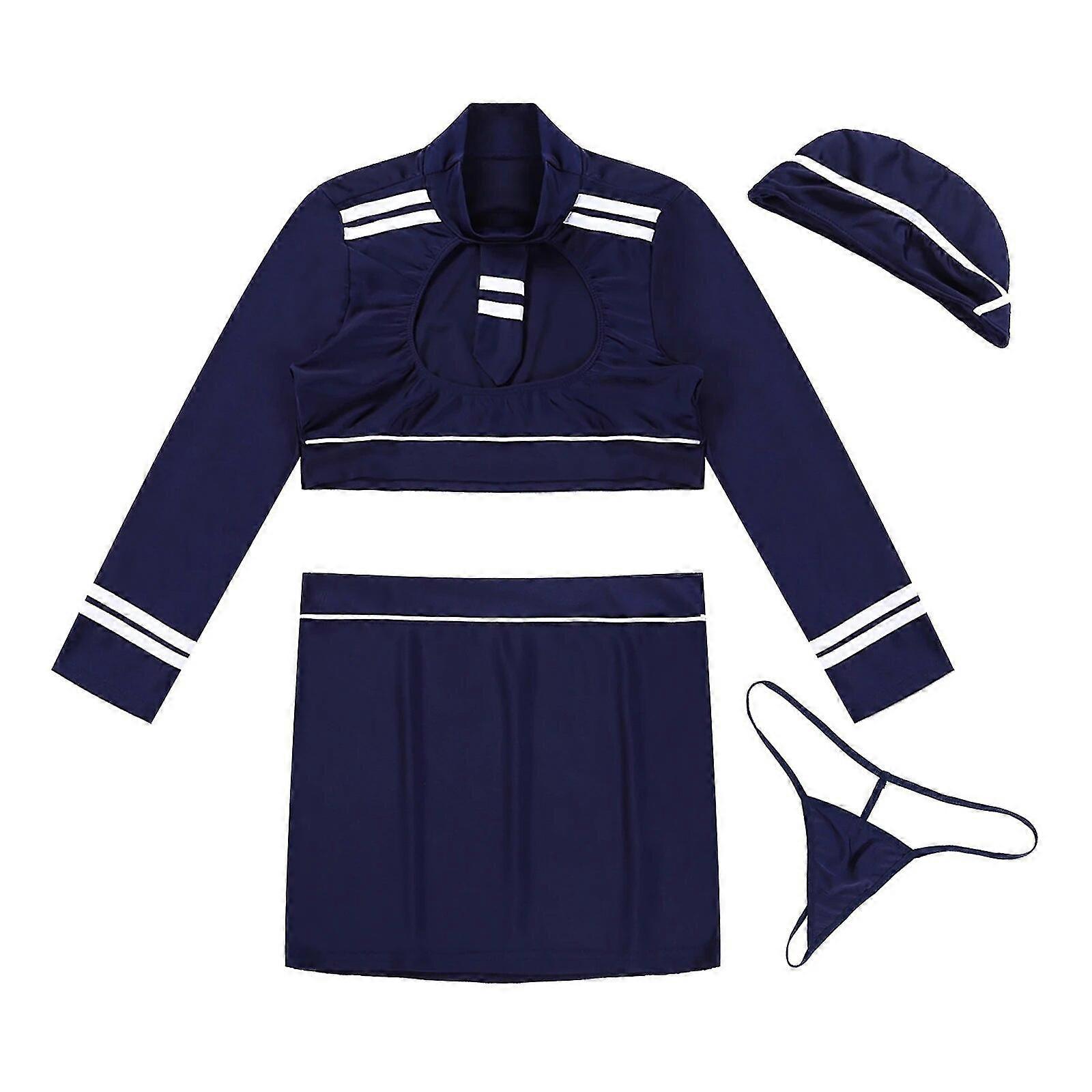 Navy Blue Womens Flight Attendant Stewardess Uniform Cosplay Outfit ...