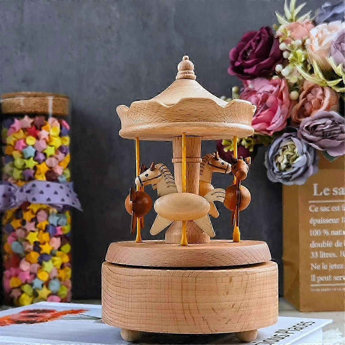 Music Box Wooden Merry-Go-Round Horse Musical Box Turn Horse Shaped ...