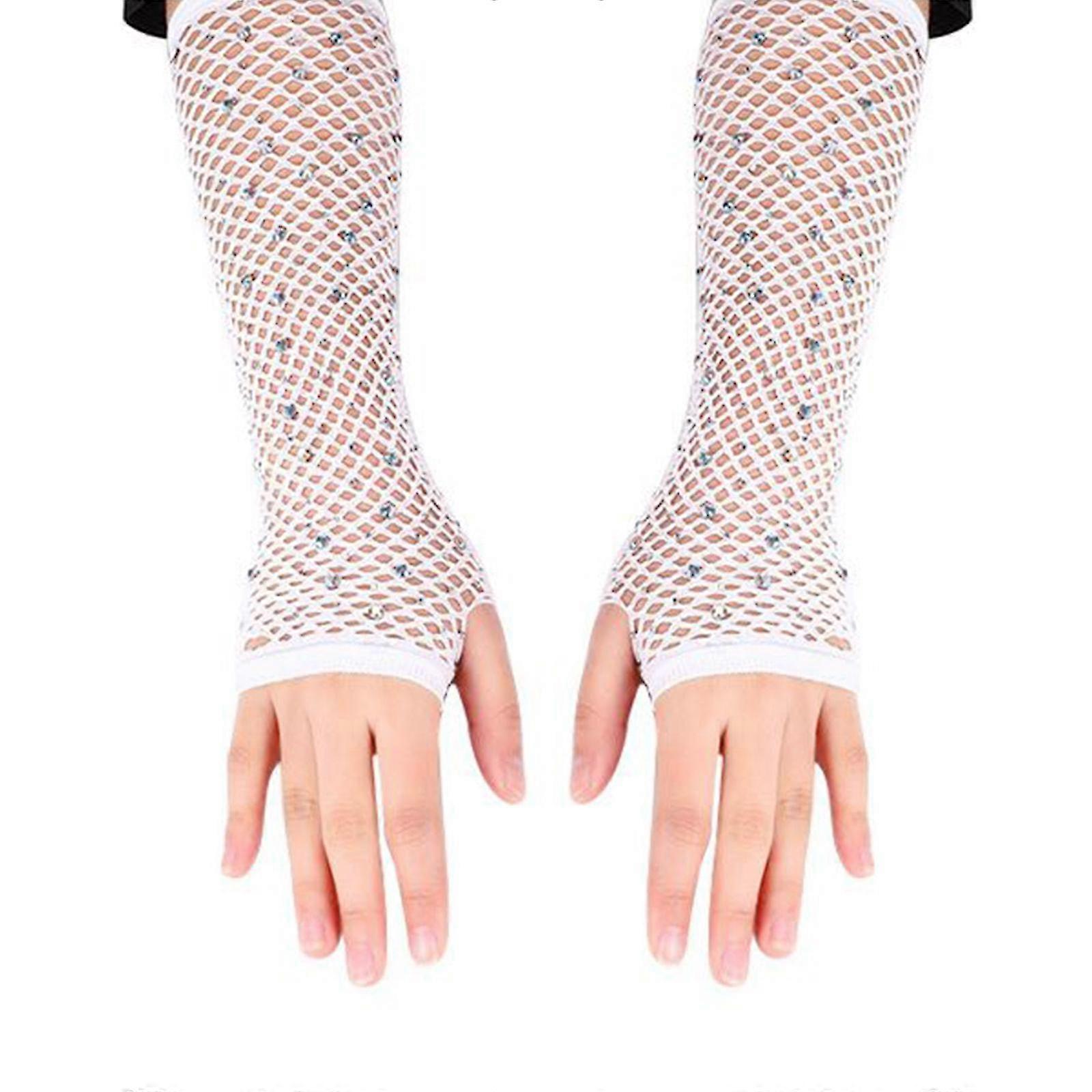 Women Fishnet Gloves With For Rhinestone Fish Net Mesh Arm Half Finger ...